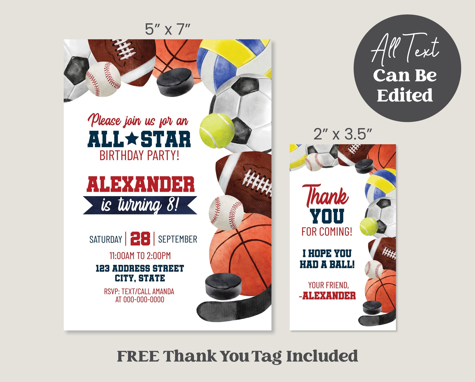 Sports Birthday Invitation Printable Sports Athlete Thank You Tag Kids ...