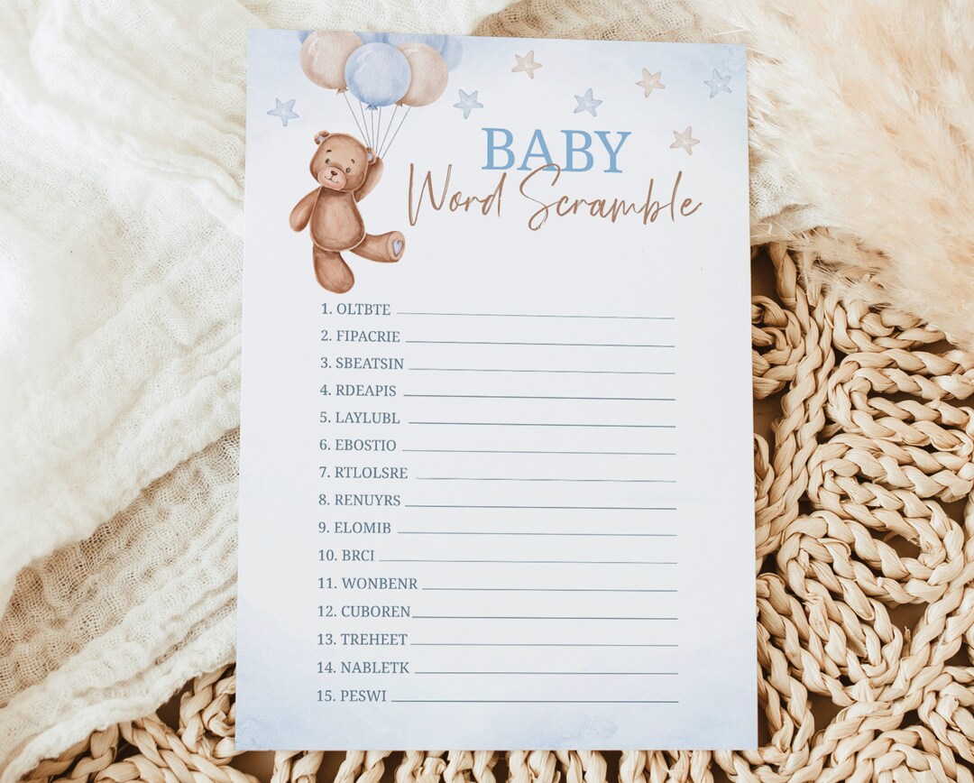 Baby Word Scramble Game Teddy Bear Balloons Baby Shower Game Game ...