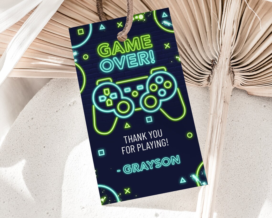 Video Game Thank You Tag | Birthday Thank You Tag | Glow Gamer Favor ...