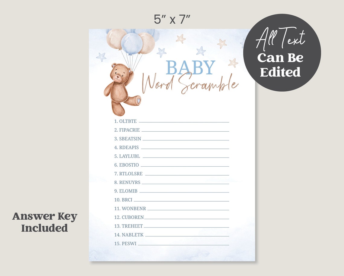 Baby Word Scramble Game Teddy Bear Balloons Baby Shower Game Game ...