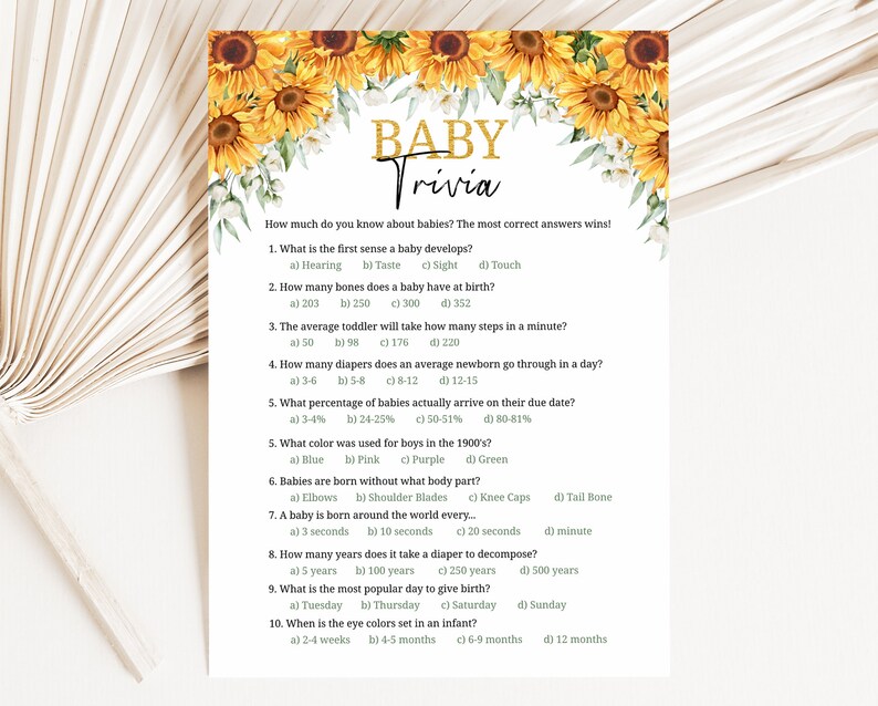 Sunflower Baby Trivia Game Baby Shower Game Minimalist Game Template ...