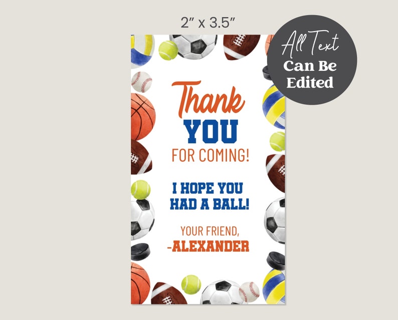 Sports Thank You Tag | Birthday Thank You Tag | Sports Favor Tag ...