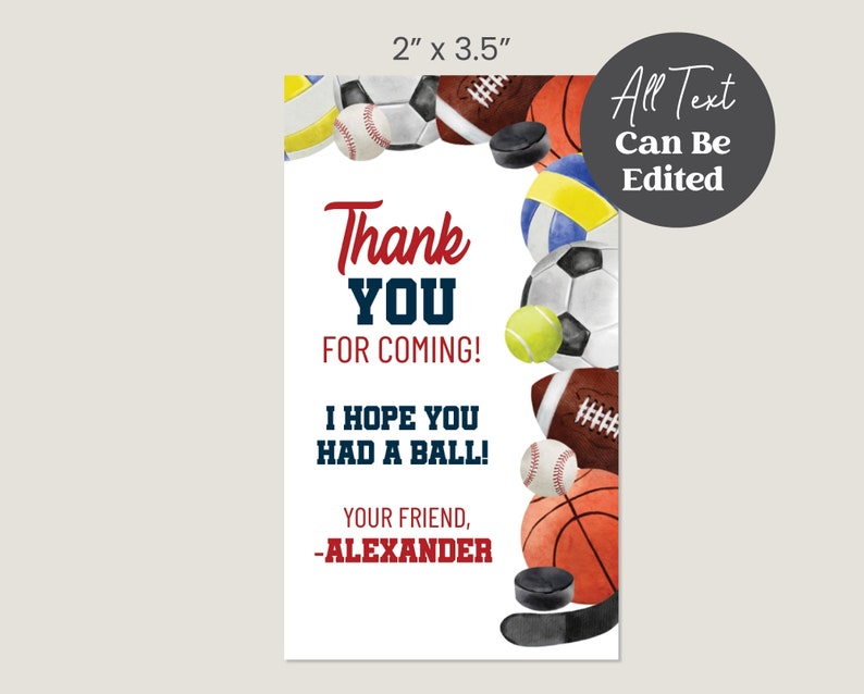 Sports Thank You Tag | Birthday Thank You Tag | Sports Favor Tag ...