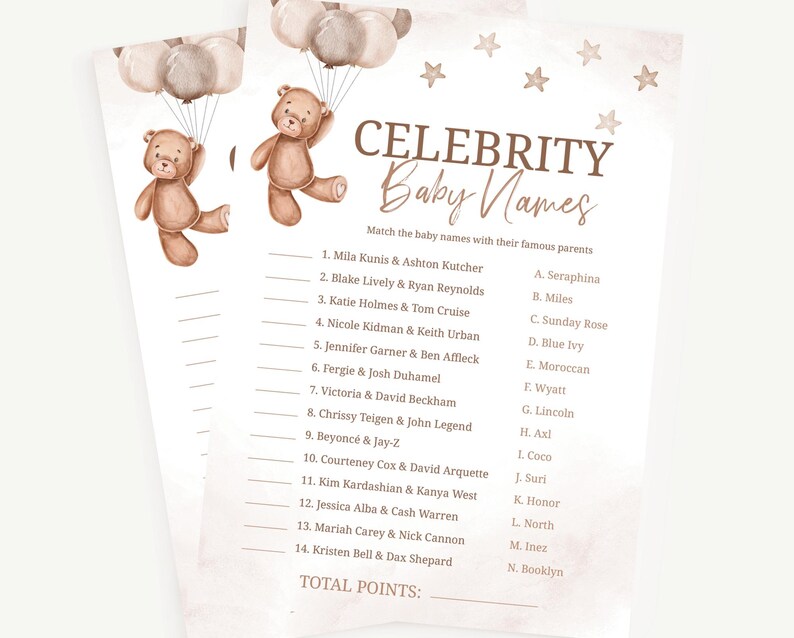 Celebrity Baby Names Game | Teddy Bear Balloons Baby Shower Game ...
