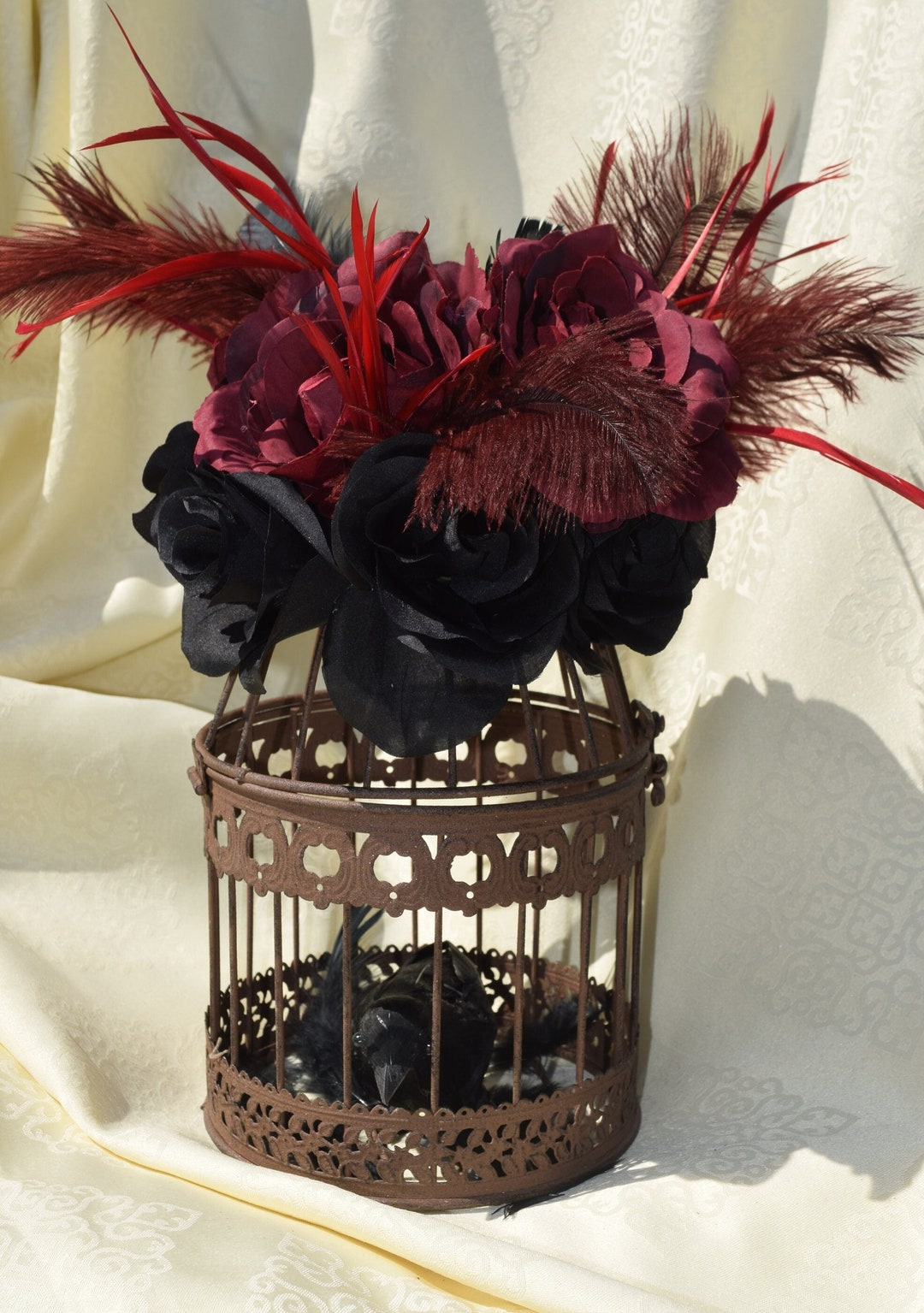 Black Raven in a Bird Cage, Floral Bird Cage, Floral Halloween Decor - Etsy