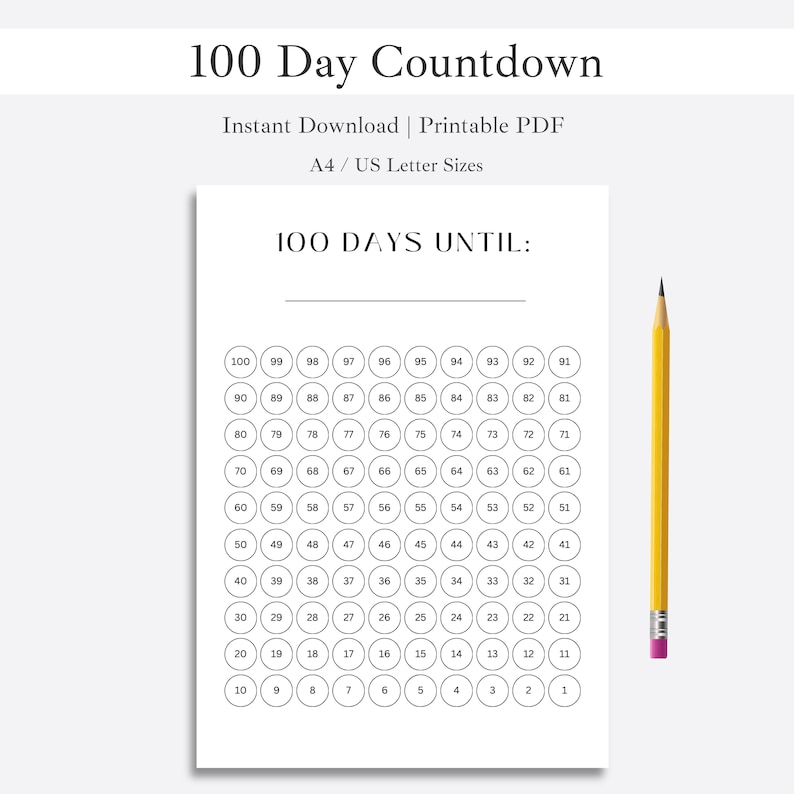 100 Day Countdown Tracker | Instant Download Printable PDF | Wedding ...