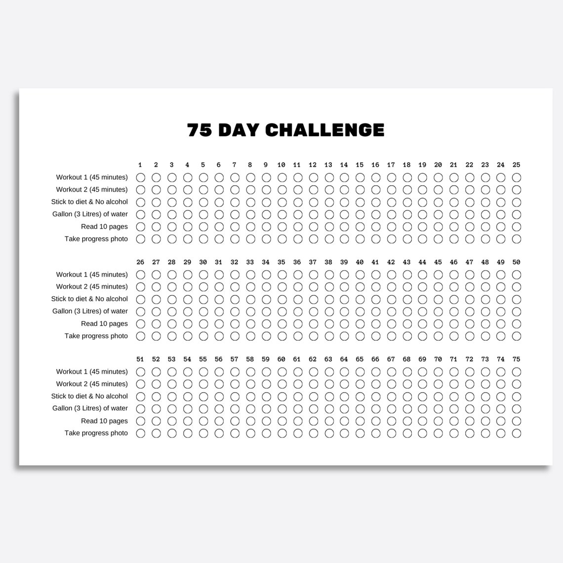 75 Day Challenge Tracker Printable | Landscape A4 & US Letter Sizes ...
