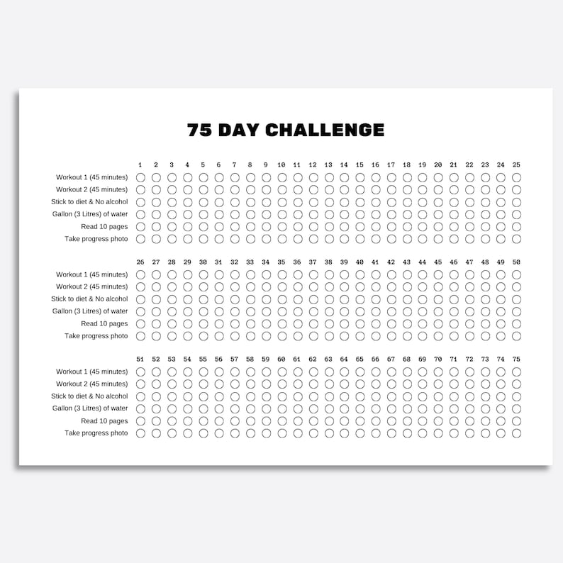 75 Day Challenge Tracker Printable | Landscape A4 & US Letter Sizes ...