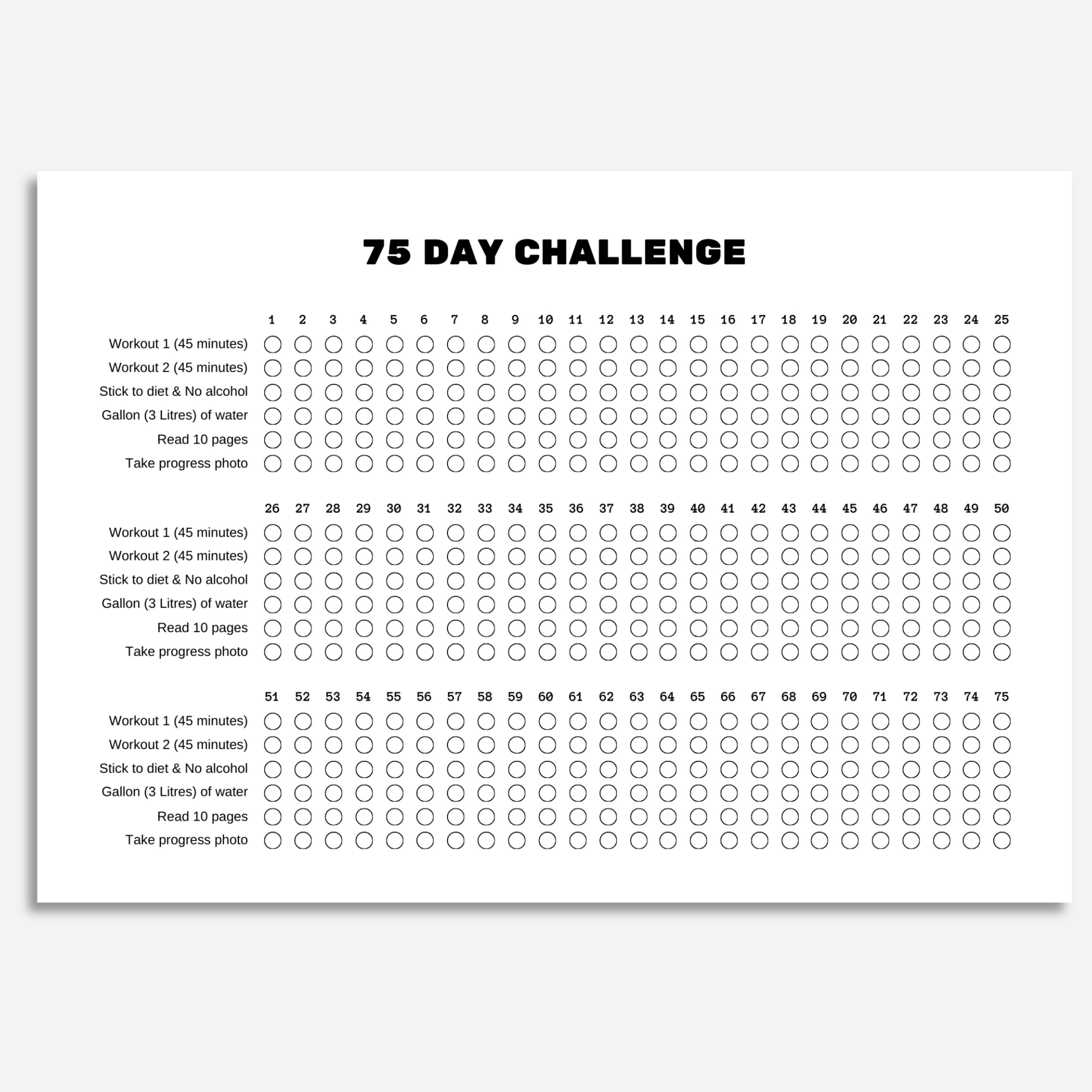 75 Day Challenge Tracker Printable | Landscape A4 & US Letter Sizes ...