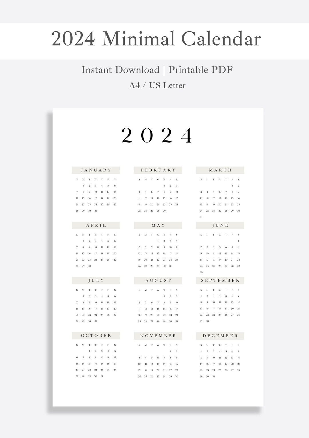 2024 Minimalist Calendar | Printable 2024 Calendar | Simple Aesthetic ...