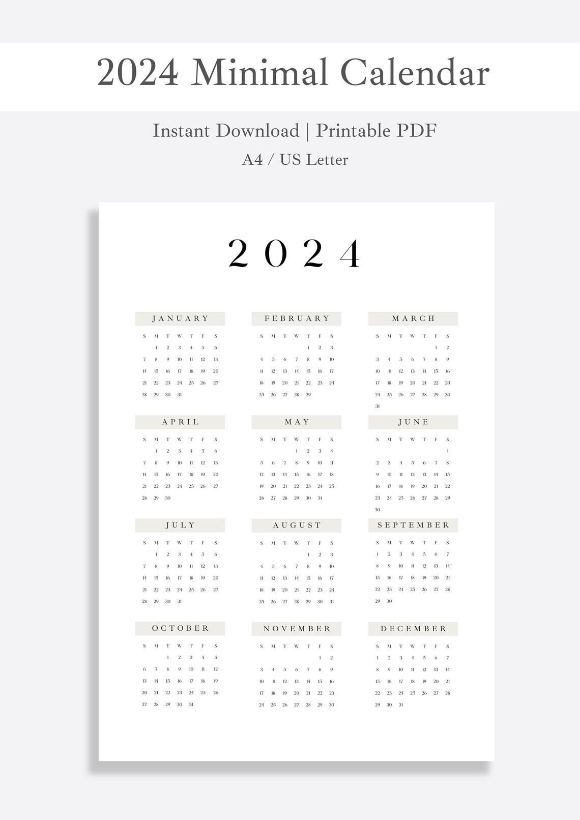 2024 Minimalist Calendar Printable 2024 Calendar Simple - Etsy