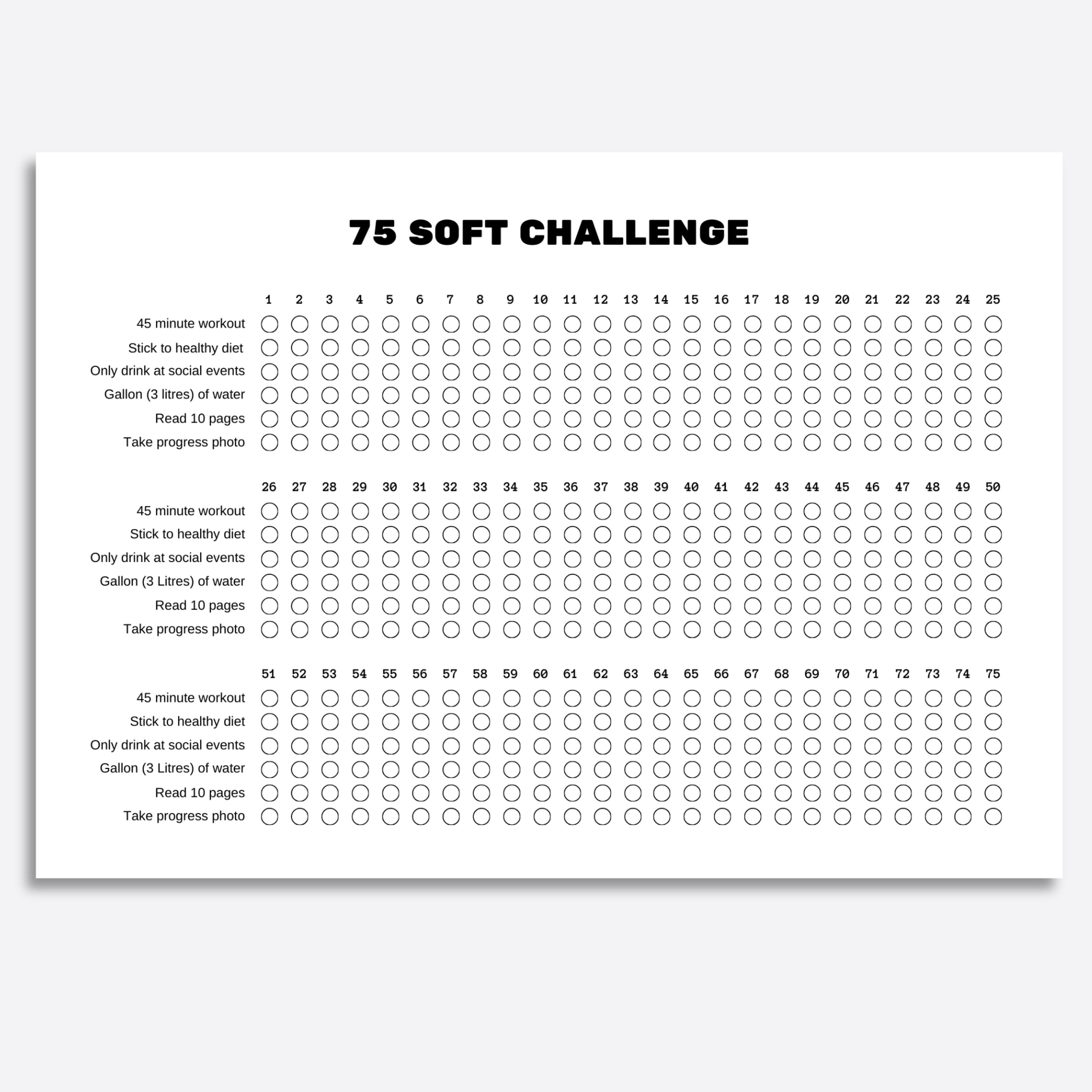 75 Soft Challenge Tracker Printable | Landscape A4 & US Letter Sizes ...