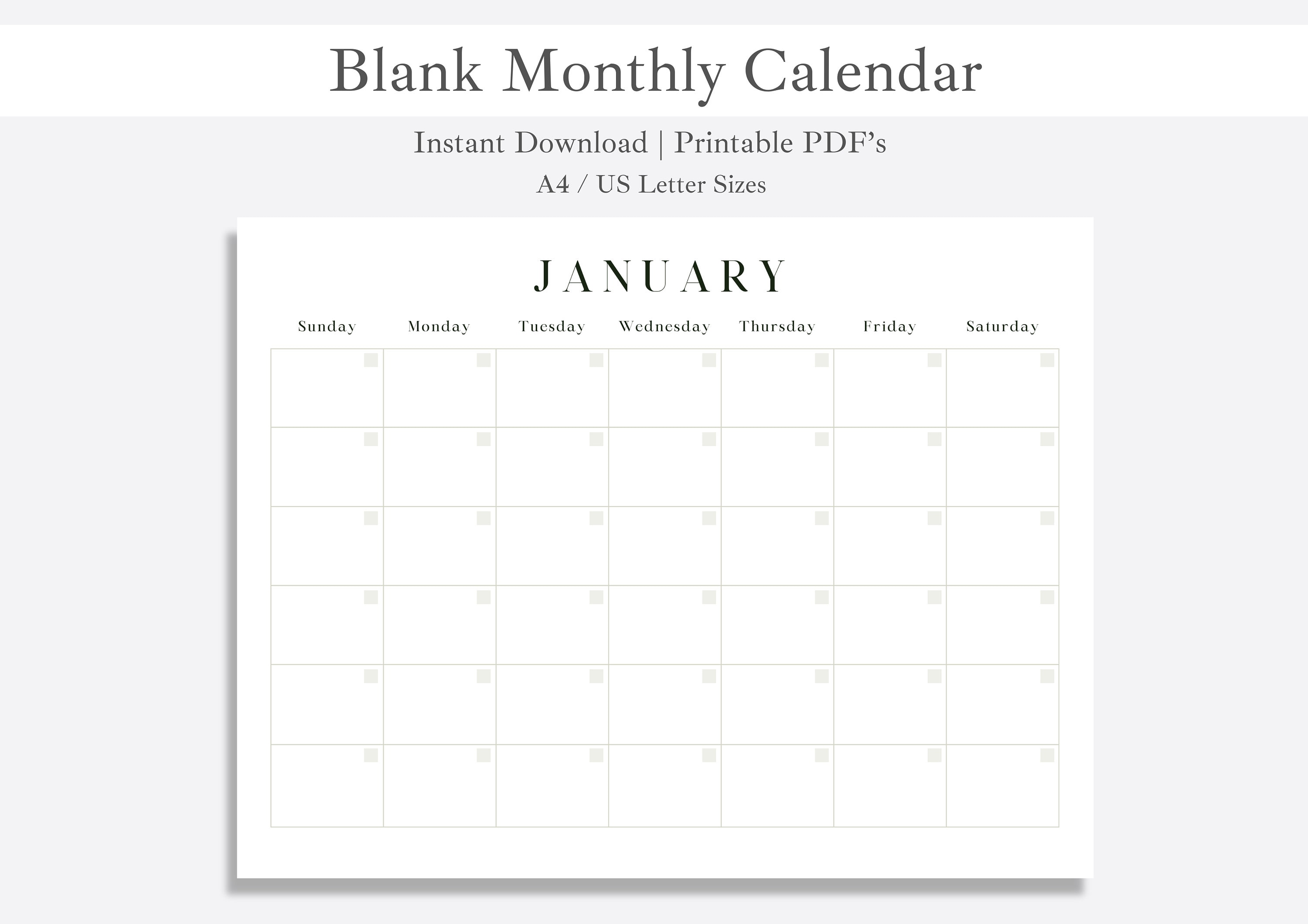 Blank Monthly Calendar | Undated Sunday Start Calendar | Simple Minimal ...