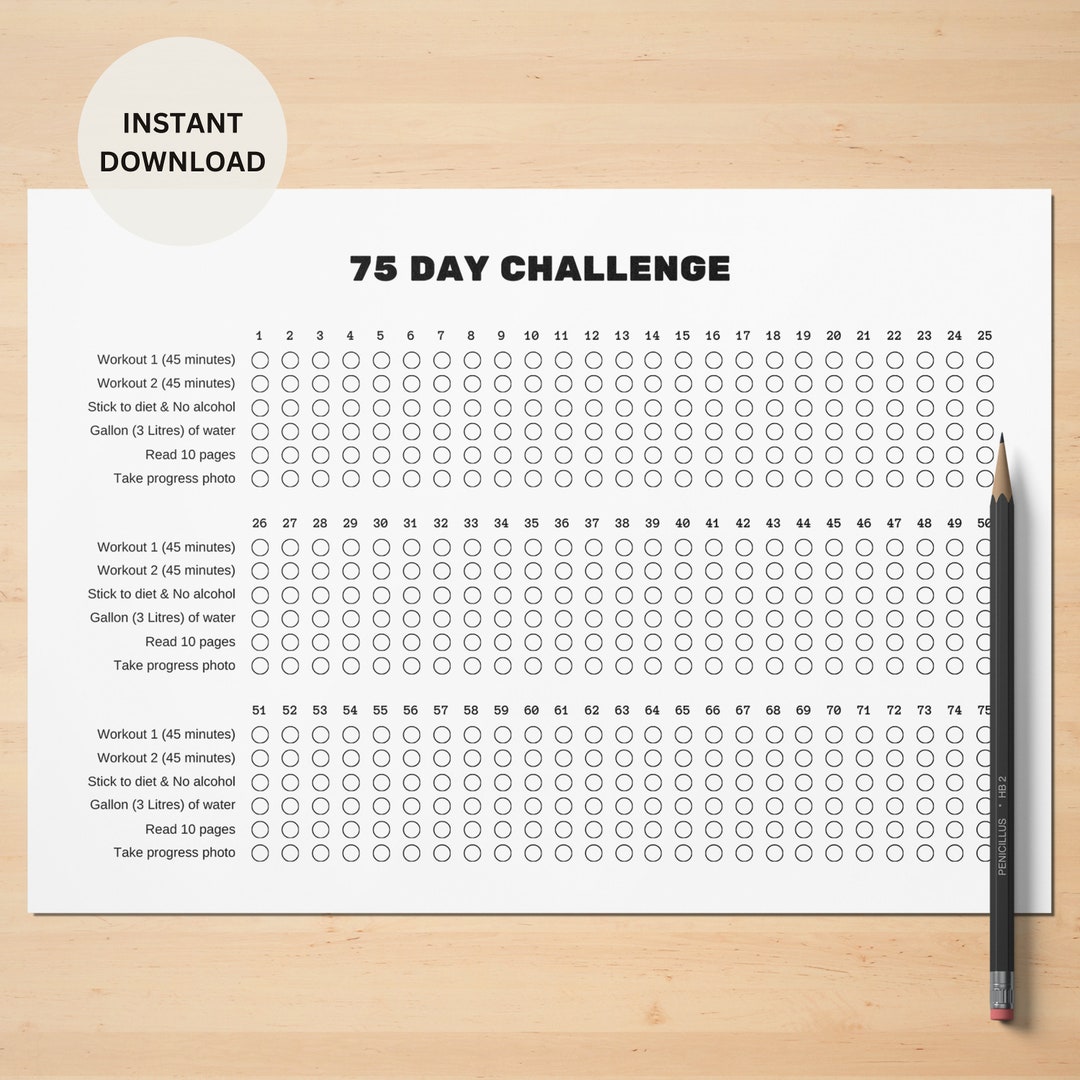 75 Day Challenge Tracker Printable | Landscape A4 & US Letter Sizes | Instant Download PDF | 75 ...