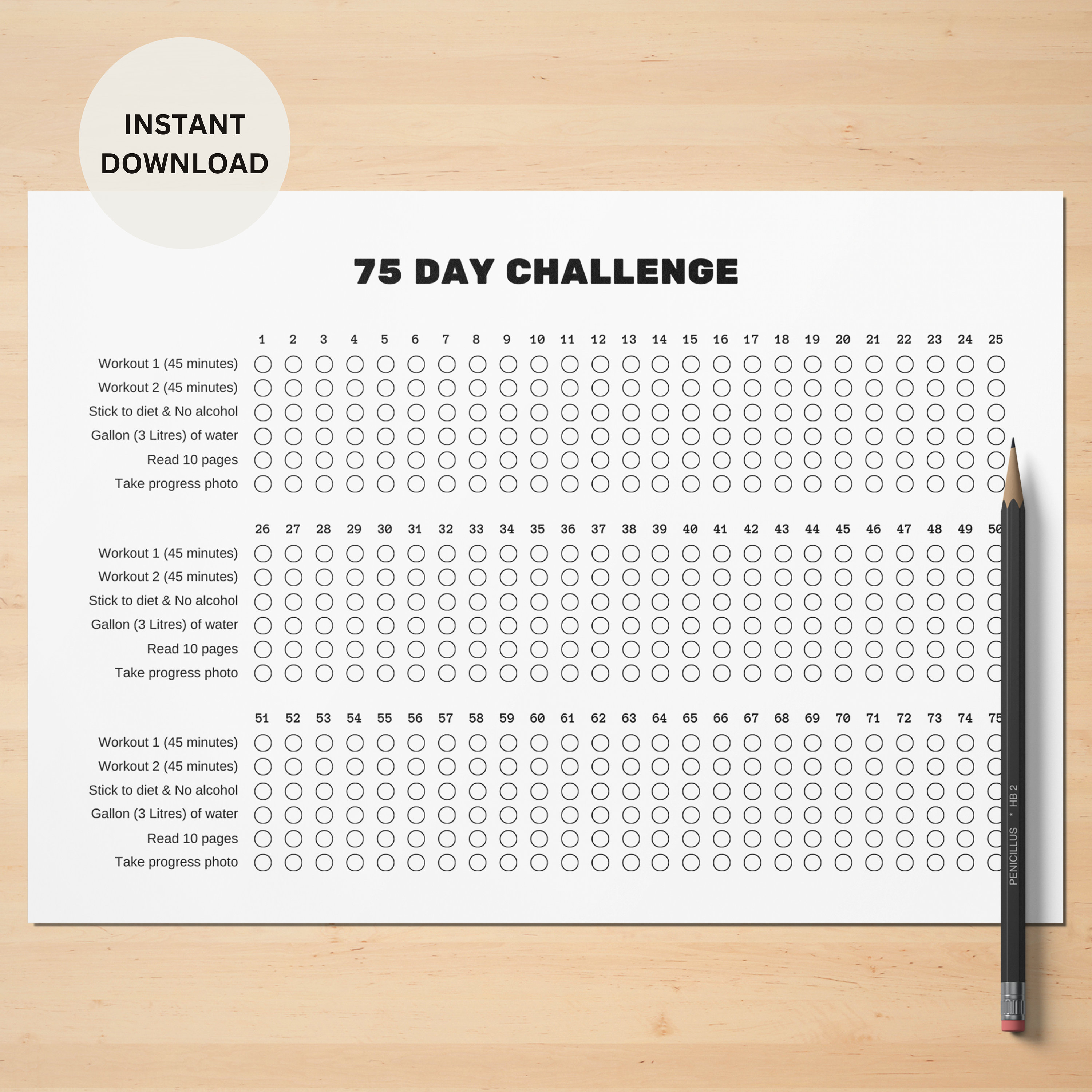 75 Day Challenge Tracker Printable | Landscape A4 & US Letter Sizes ...