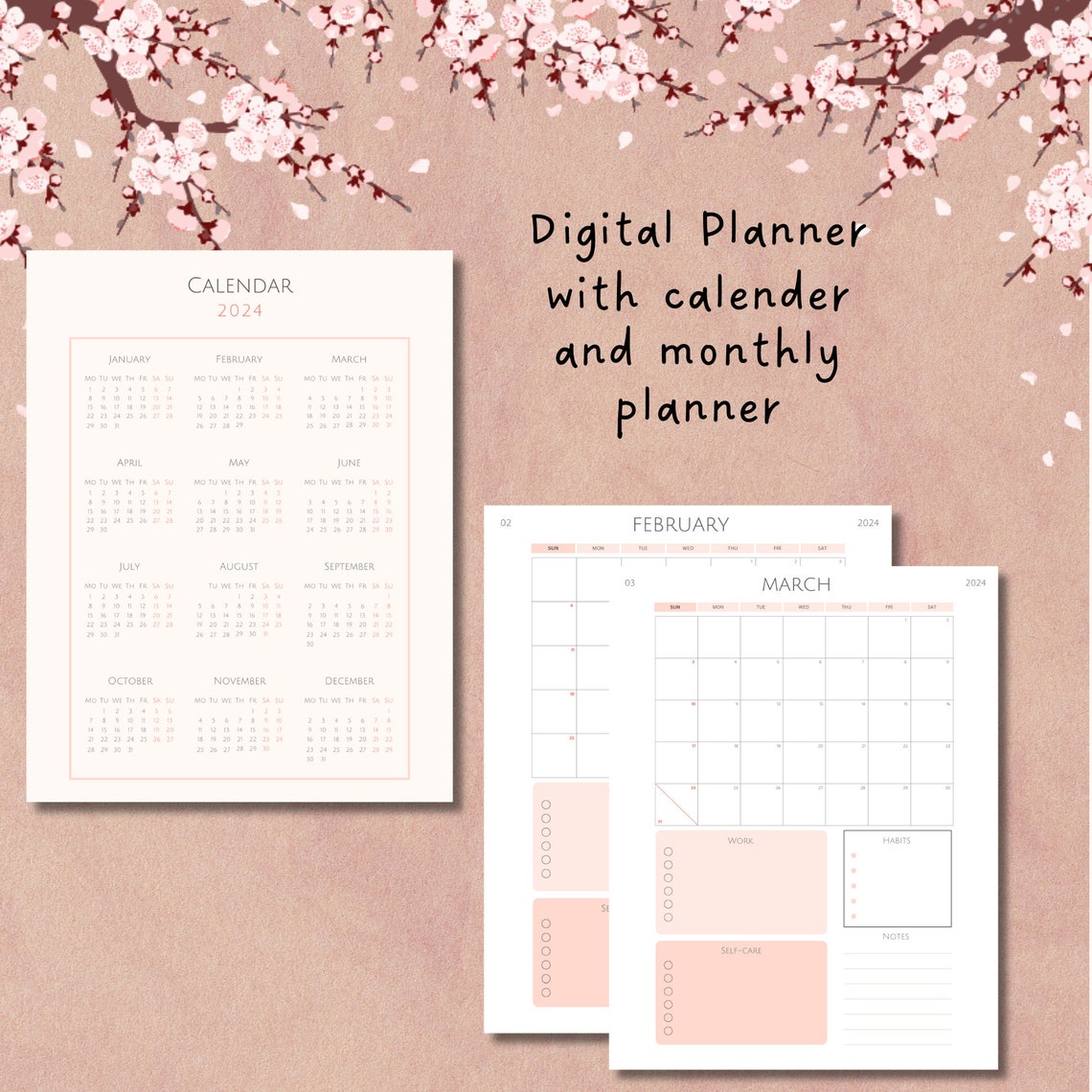 Planner Japanese Sakura 2024 Digital Printable, Calendar, Monthly ...