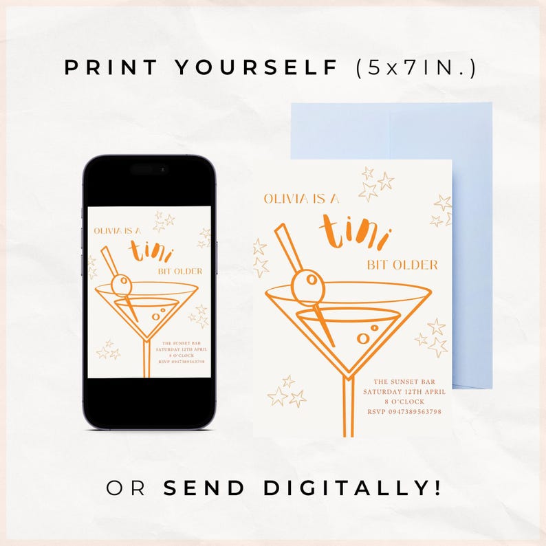 Cocktail Martini Birthday Invite, A Tini Bit Older, Party Invitation ...