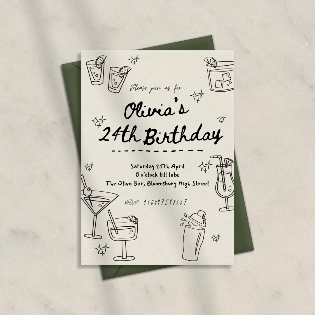 Hand Drawn Birthday Party Invitation Editable Scribble Cocktail ...