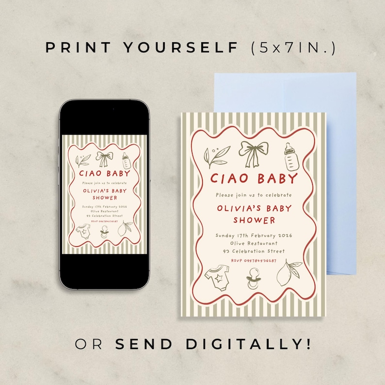 Custom Ciao Baby Shower Invite Template, Editable Hand Drawn ...