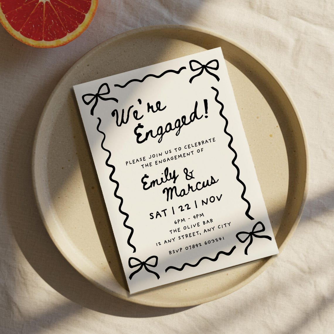 Black Bow Engagement Party Invitation Template, Custom Wavy Border ...
