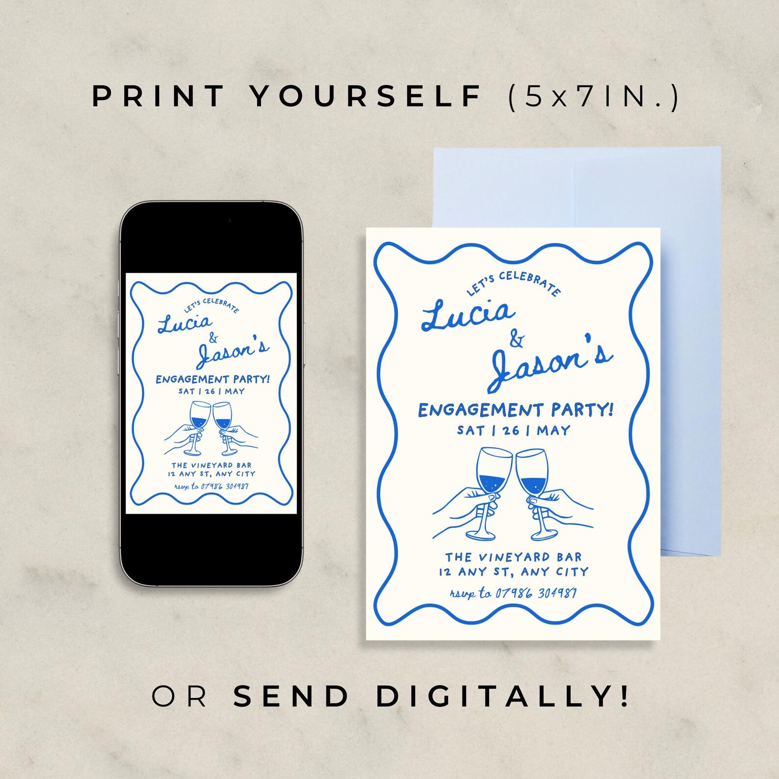 Wavy Engagement Party Invitation Template, Custom Handwritten Shower ...