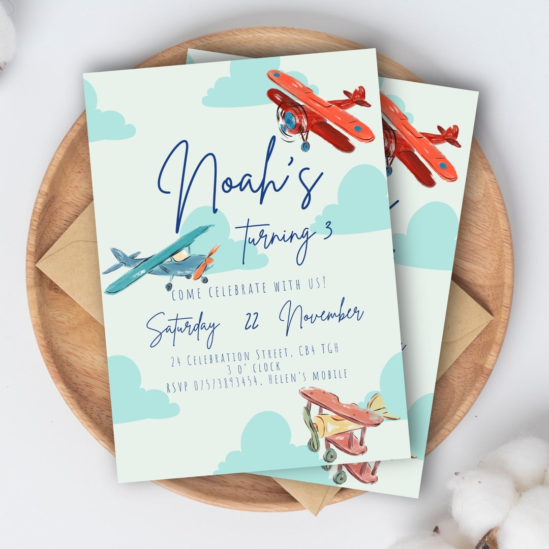 Airplane Birthday Invitation Template, Editable Vintage Plane Birthday ...