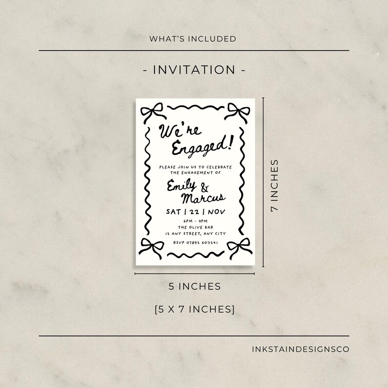 Black Bow Engagement Party Invitation Template, Custom Wavy Border ...