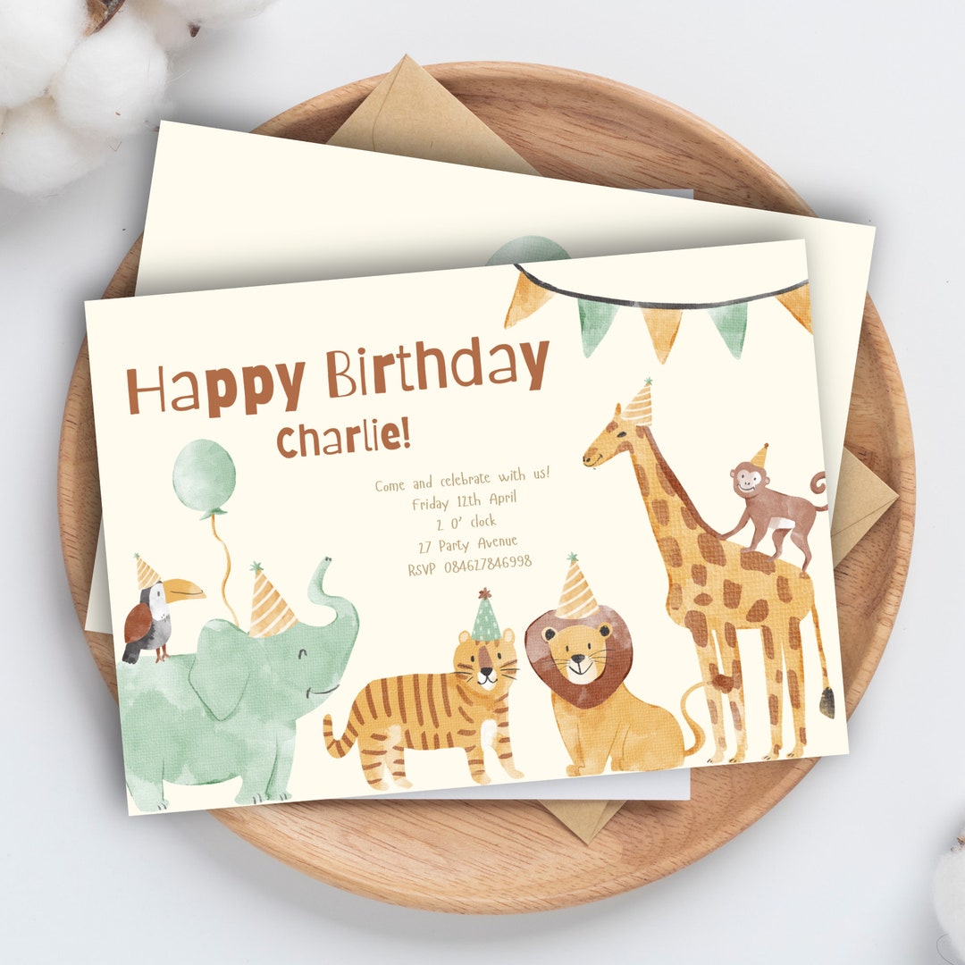 Wildlife Safari Birthday Invite, Personalised, Editable, Party ...