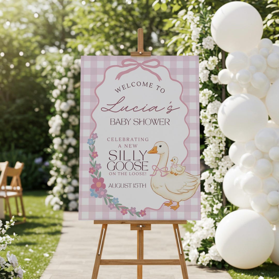 Silly Goose Baby Shower Welcome Sign Template, Editable Pink Gingham ...