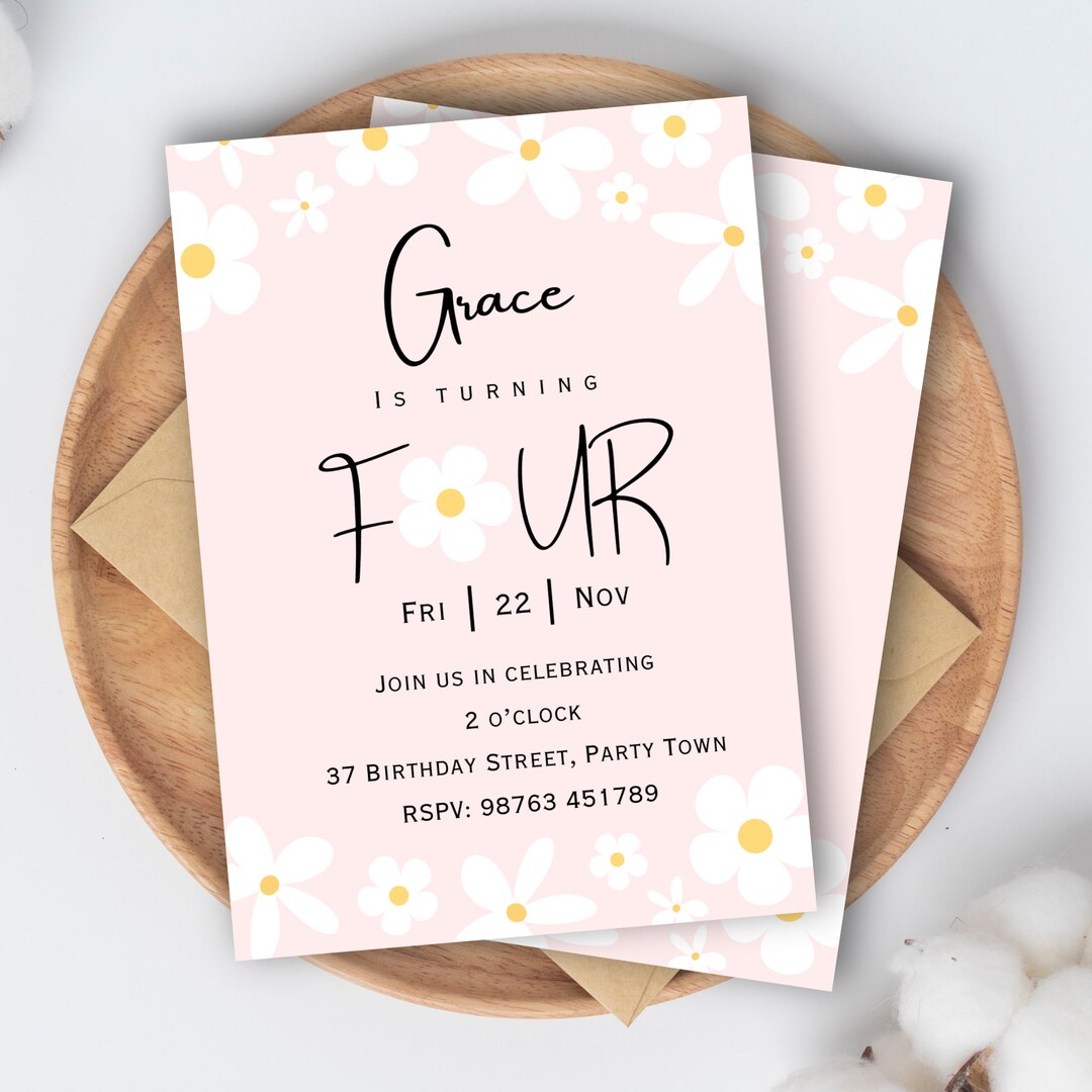 Flowers 4th Birthday Invitation, Personalised Invite, Editable Invite ...