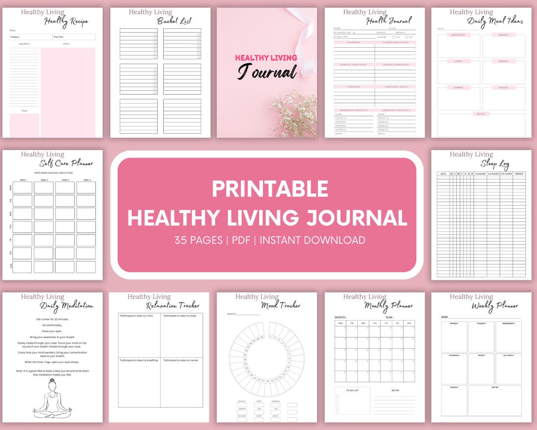 Healthy Living Journal Printable - Wellness Diary - Mindfulness Journal ...