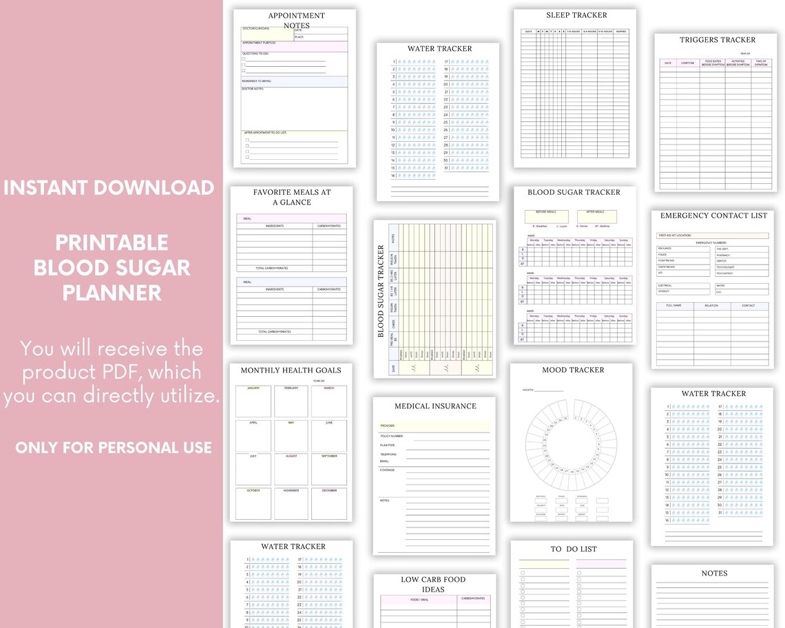Printable Blood Sugar Planner - Blood Glucose Tracker - Diabetes Meal ...