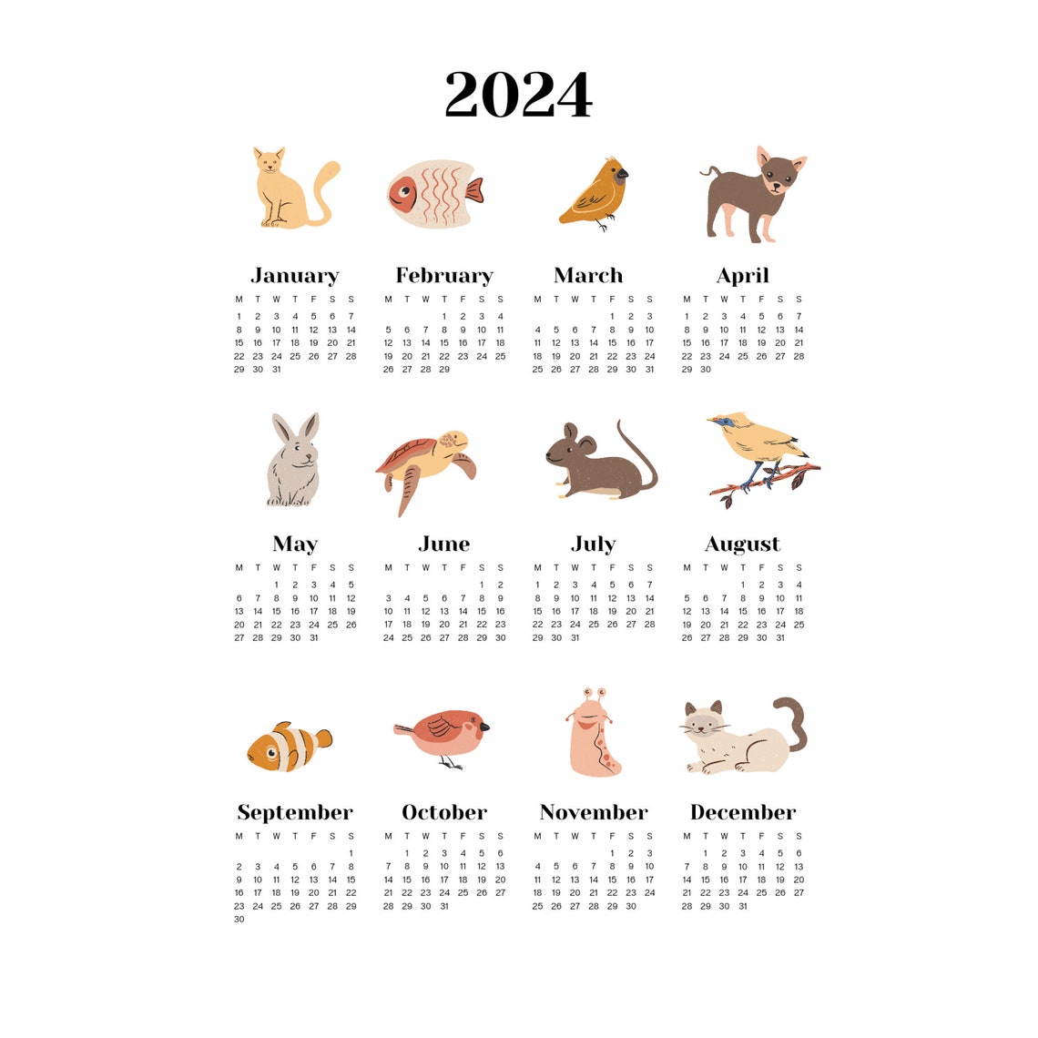 Cute Animal Calender, Printable Calendar, Monthly Planner Schedule ...