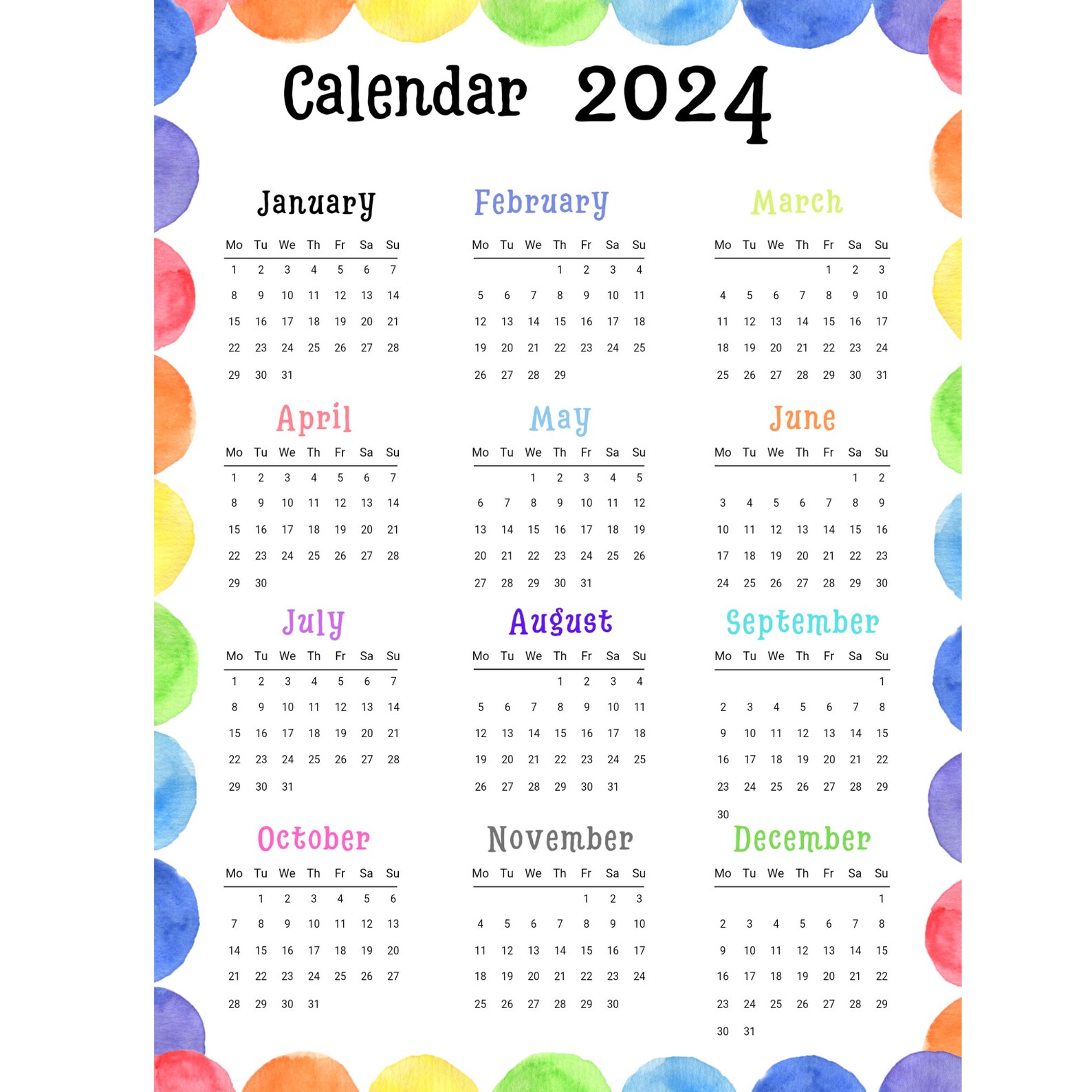 2024 Calendar, 2024 Calendar Png, Colorful Calendar, Printable Calendar ...