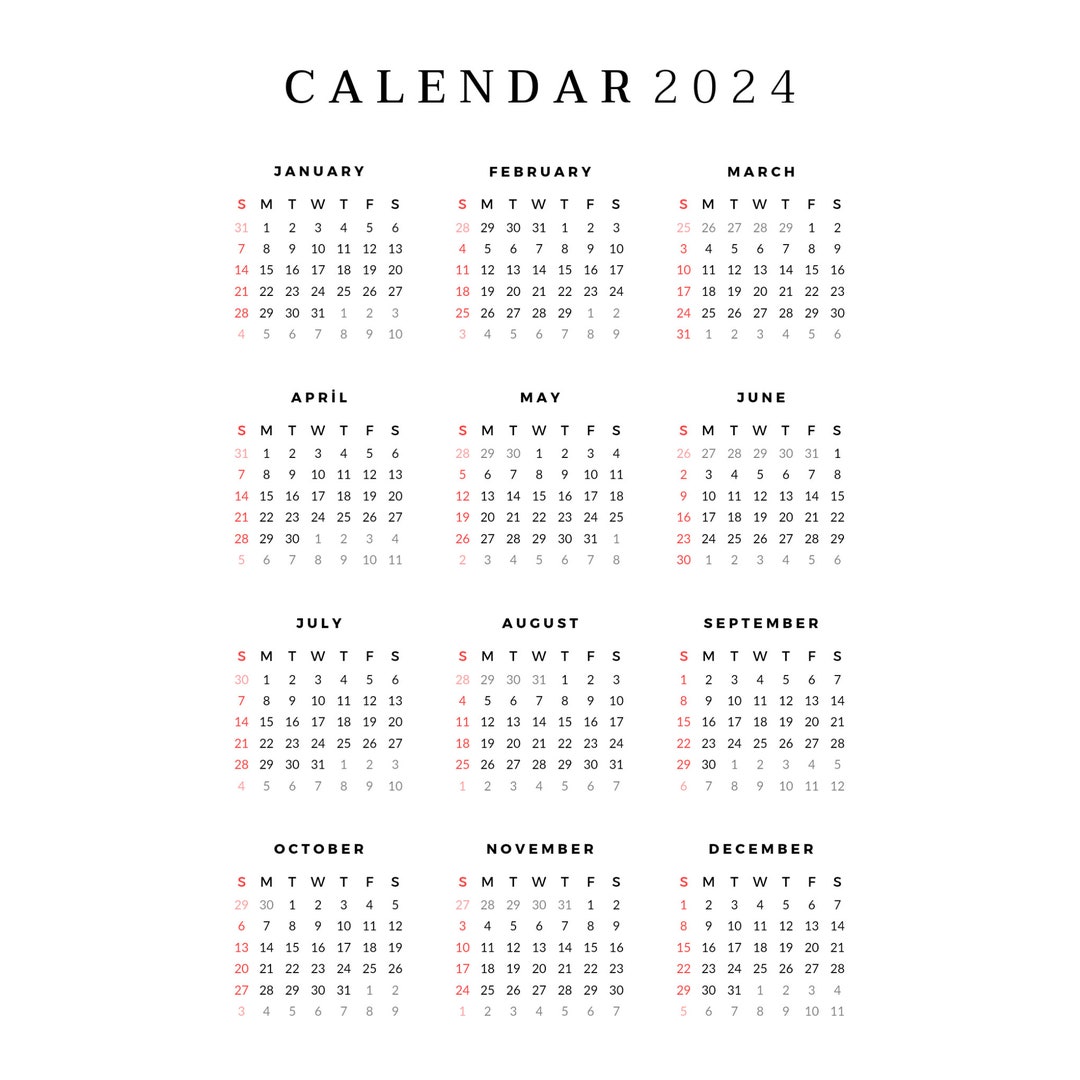 2024 Calendar, New Year Calendar, Printable Calendar, Vertical Calendar ...
