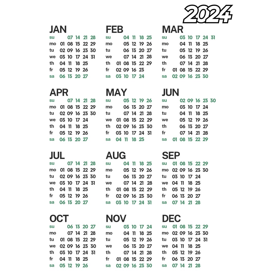 New Year Calendar 2024, 2024 Calendar, Printable Calendar, Simple ...