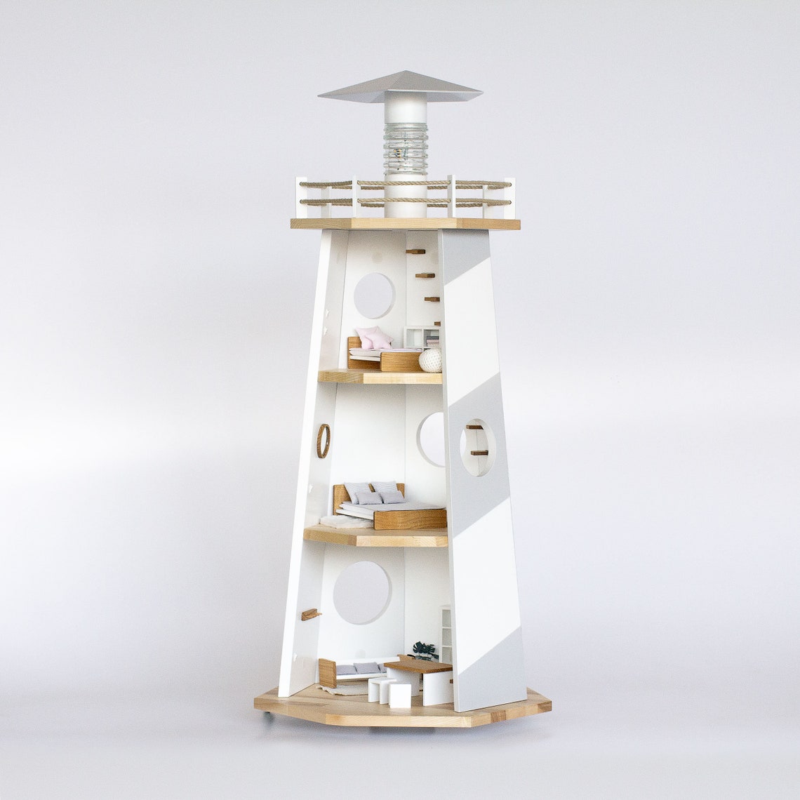 3-storey Modern Lighthouse Dollhouse With Lights and Furniture. 1:12 ...
