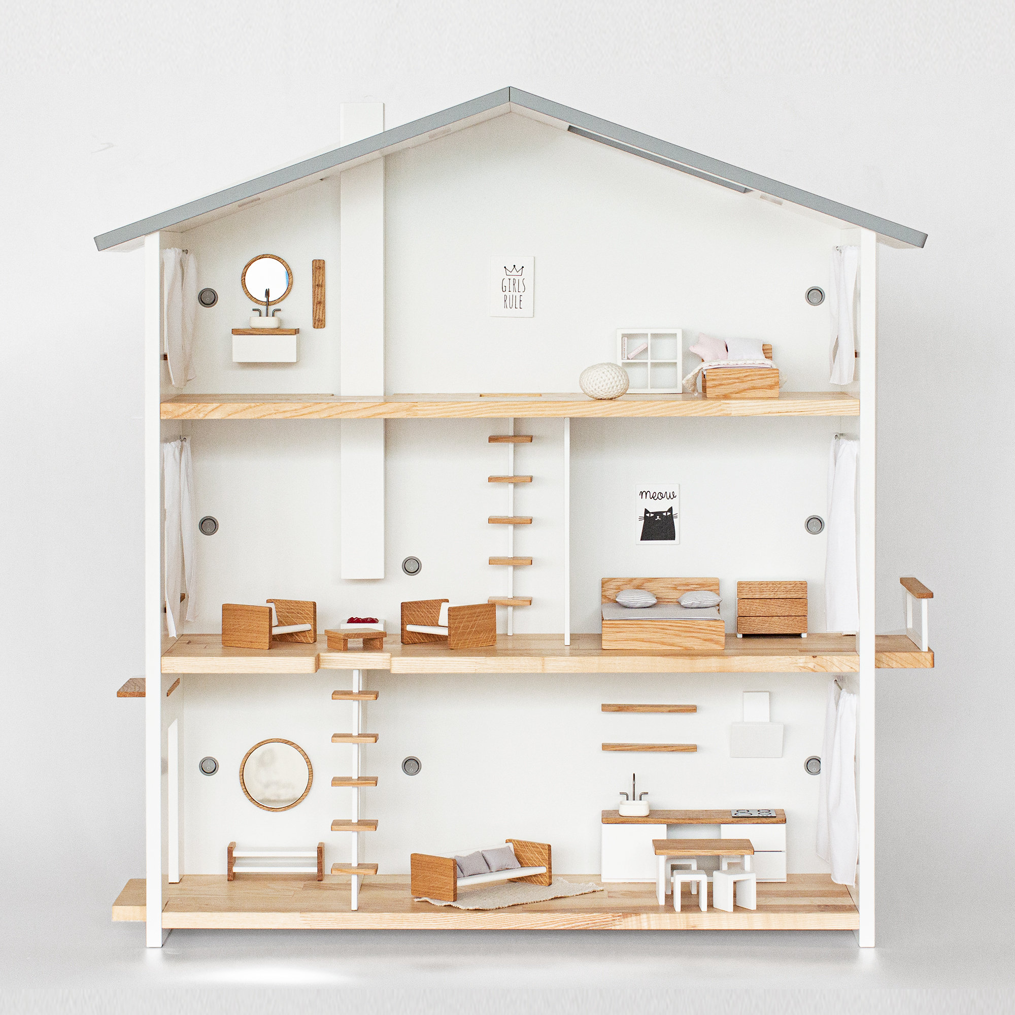 Large 3-story Wooden Dollhouse, Modern Design, Magnetic Wall, Lights, 1 ...