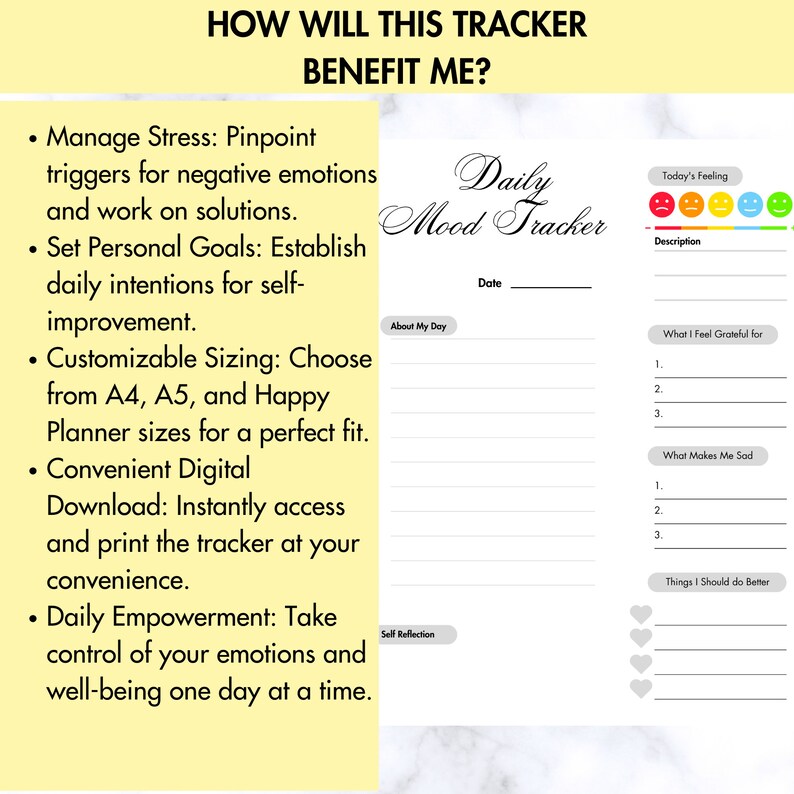 Printable Daily Mood Tracker Digital PDF Download A4, A5, Happy Planner ...