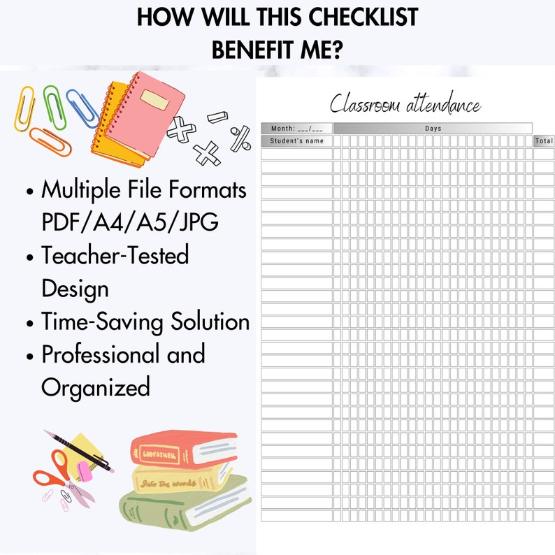 Teacher's Classroom Attendance Checklist Digital PDF Download A4, A5 ...