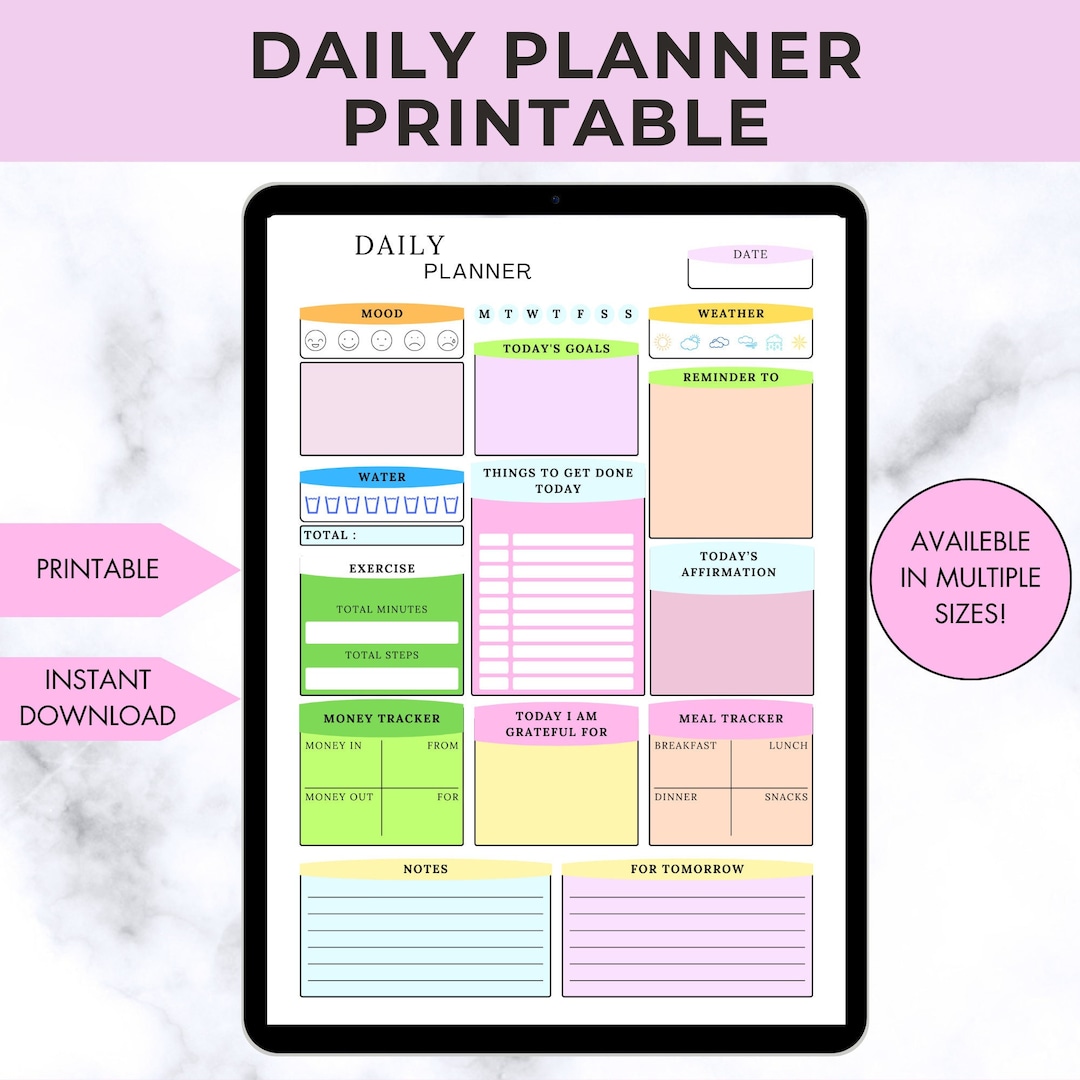 Printable Daily Planner PDF Happy Planner, A4, A5, JPG Daily Organizer ...