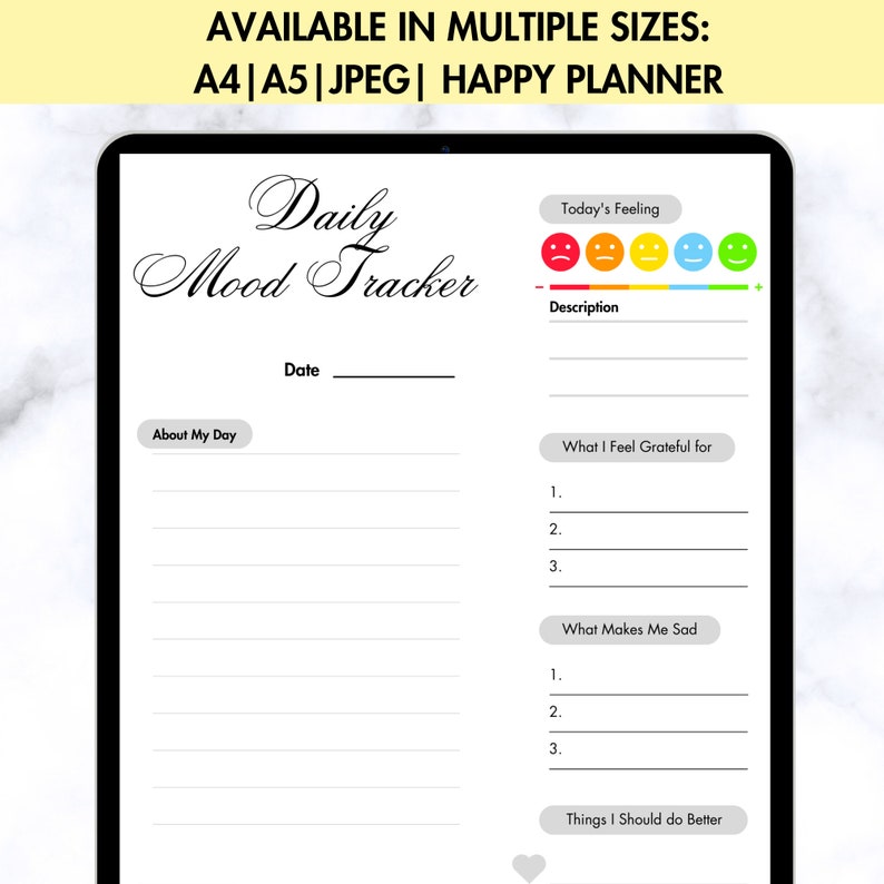 Printable Daily Mood Tracker Digital PDF Download A4, A5, Happy Planner ...