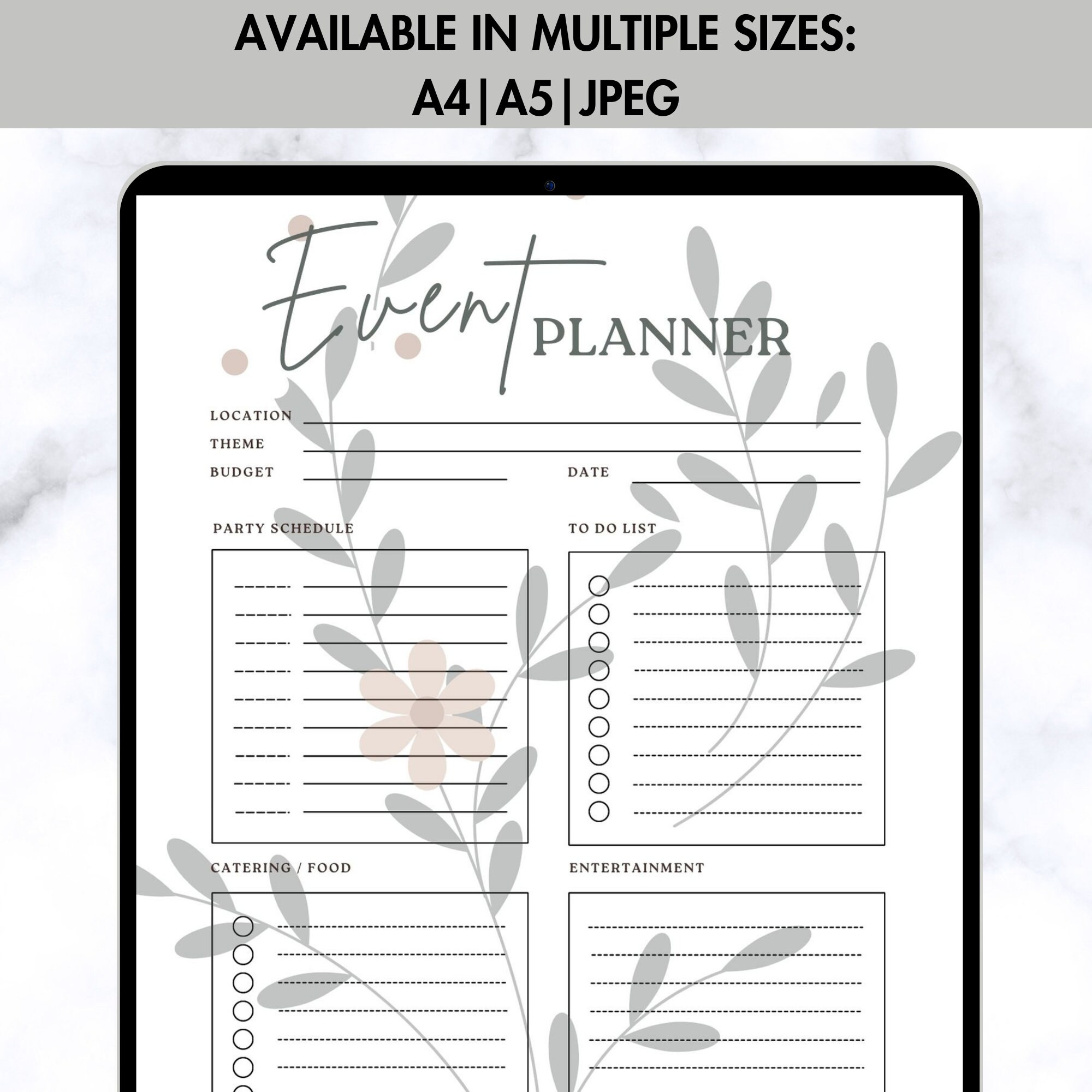 Printable One Page Event Planner Digital PDF Download A4, A5, JPEG ...