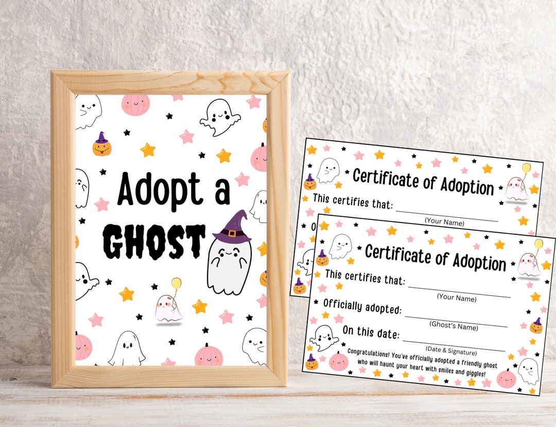 Adopt a Ghost Halloween Printable Sign and Adoption Card Set, White ...
