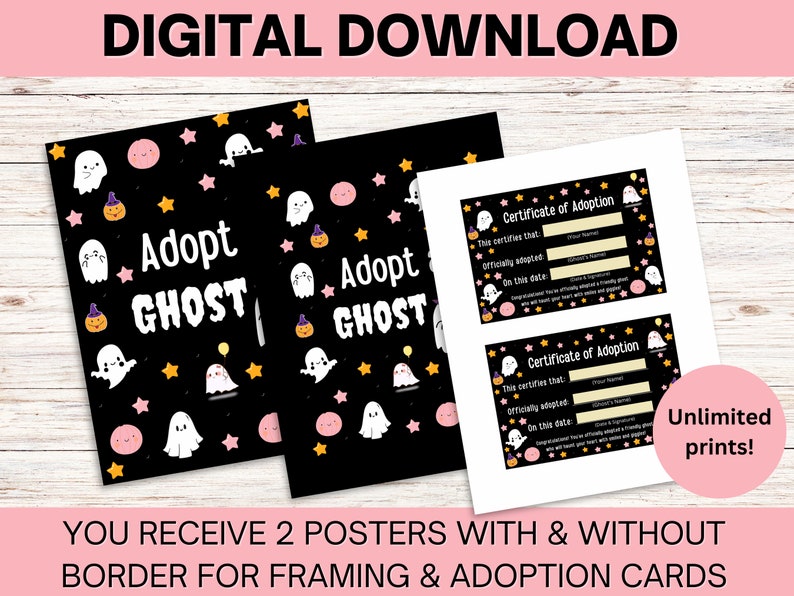 Adopt a Ghost Halloween Printable Sign and Adoption Card Set, Party ...