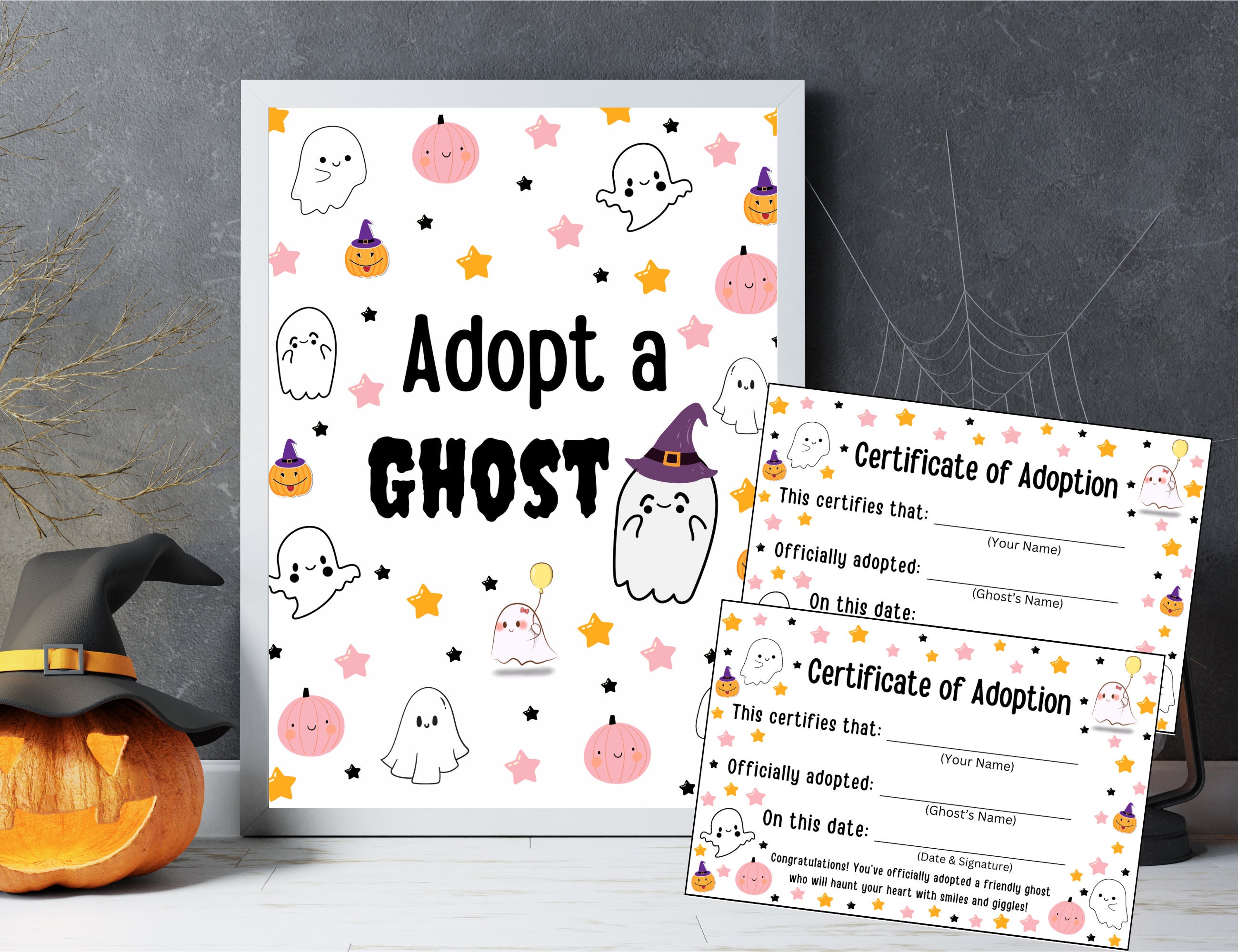 Adopt a Ghost Halloween Printable Sign and Adoption Card Set, White ...