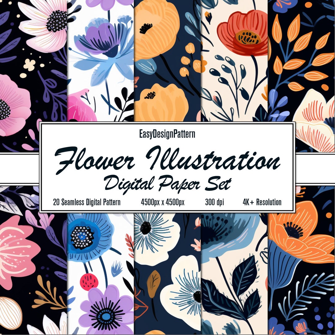Flower Illustration Digital Paper Set: 20 Seamless Patterns for Crafts ...