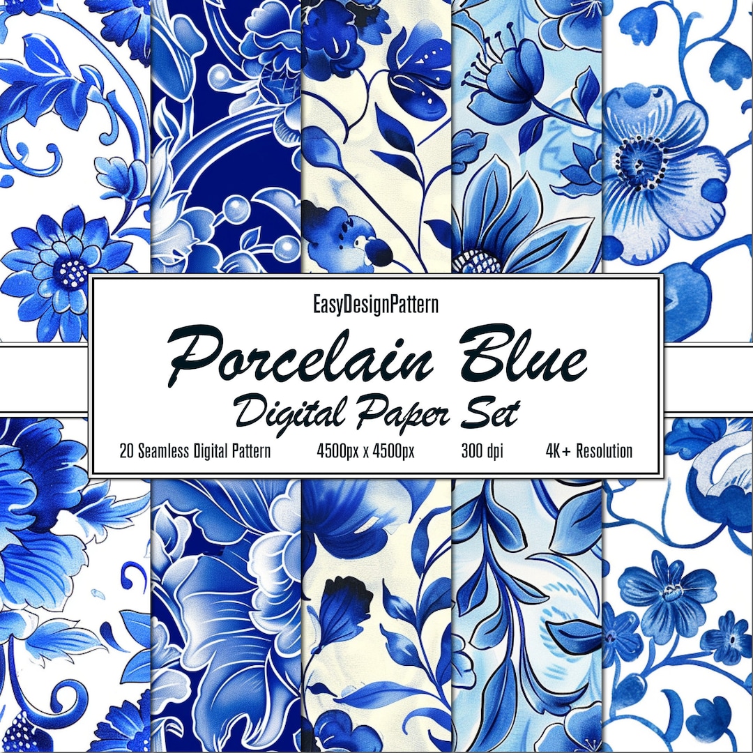 Porcelain Blue Digital Paper Set: 20 Seamless Patterns for Arts ...
