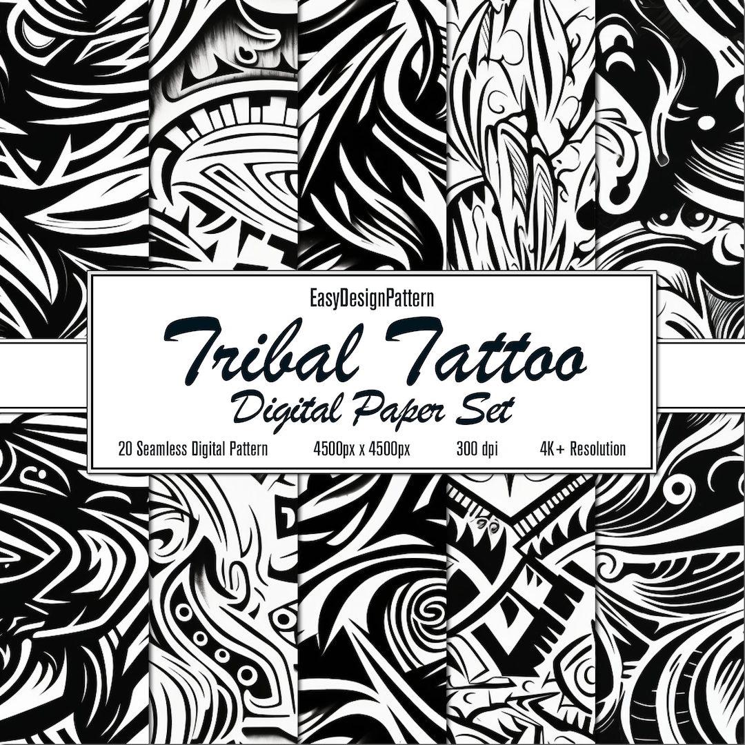 Tribal Tattoo Digital Paper Set: 20 Seamless Patterns for Arts & Crafts ...