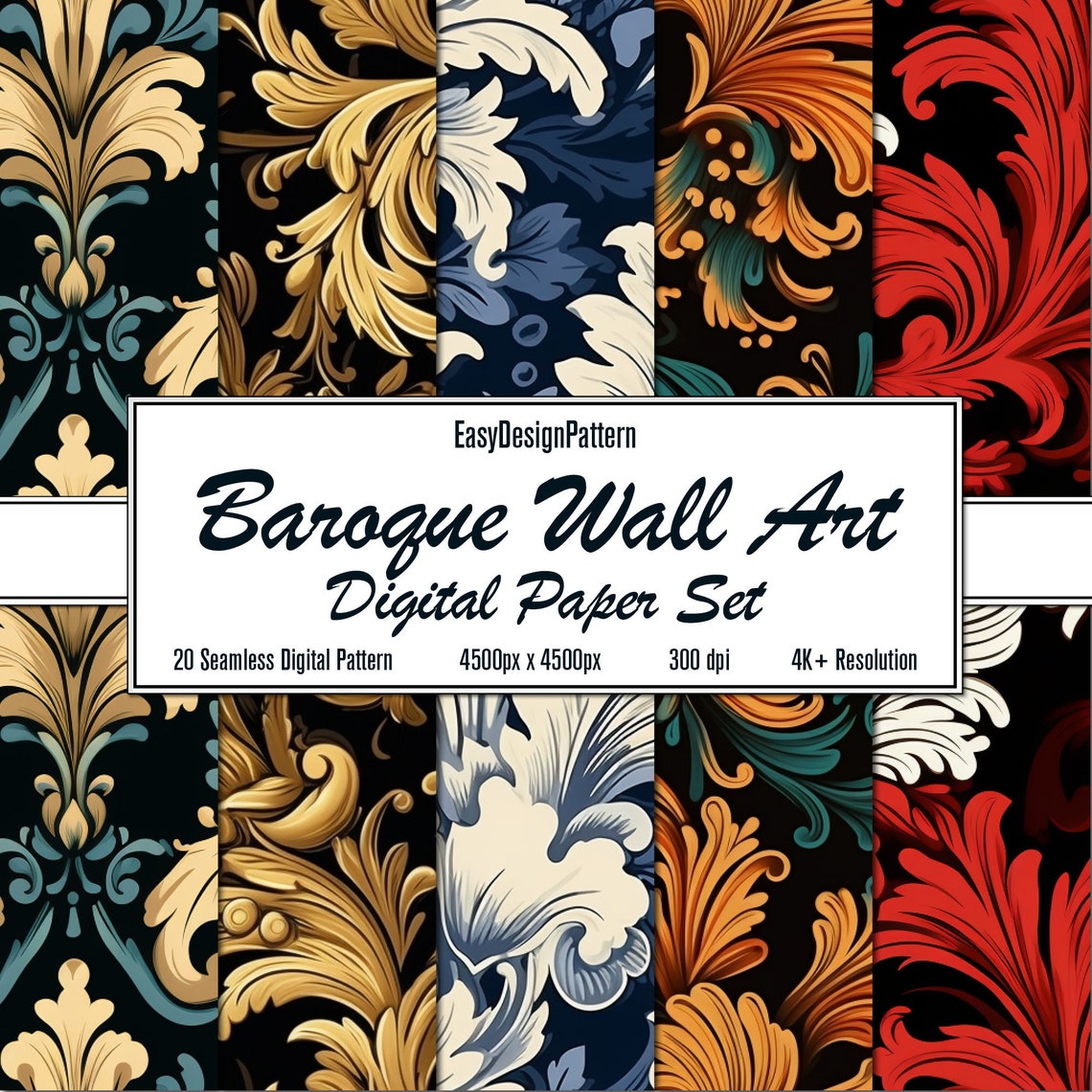 Baroque Wall Art Digital Paper Set: 20 Seamless Floral Patterns ...